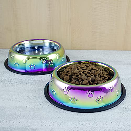 The Magical Kitchen Collection - Iridescent Rainbow Pet Bowl Set - Heavy Duty Stainless Steel Water & Feeder Bowls for Cats/Dogs with Non-Skid Rubber Base, 32 Oz. / 4 Cup Capacity Each (Set of 2)