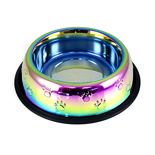 The Magical Kitchen Collection - Iridescent Rainbow Pet Bowl Set - Heavy Duty Stainless Steel Water & Feeder Bowls for Cats/Dogs with Non-Skid Rubber Base, 32 Oz. / 4 Cup Capacity Each (Set of 2)