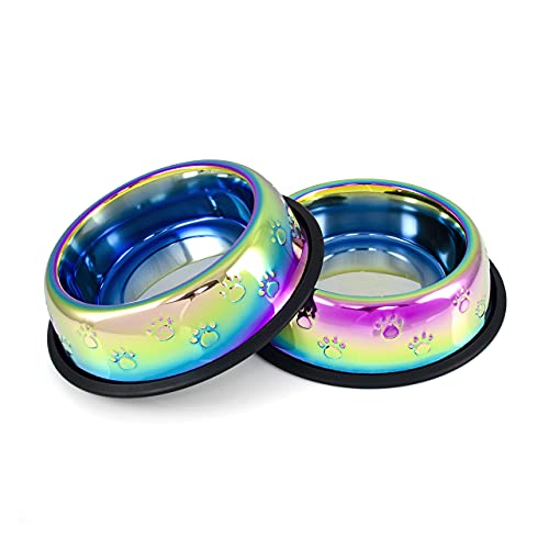 The Magical Kitchen Collection - Iridescent Rainbow Pet Bowl Set - Heavy Duty Stainless Steel Water & Feeder Bowls for Cats/Dogs with Non-Skid Rubber Base, 32 Oz. / 4 Cup Capacity Each (Set of 2)