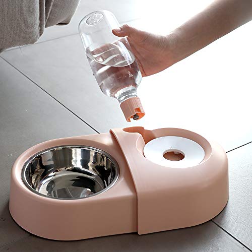 Godsichong Pet Automatic Feeder and Water Dispenser,Stainless Steel Dog Cat Food Bowl and Waterer Set 500ML,2 in 1 Detachable Meal Dispensers for Self Small Medium Big Pets,Pink