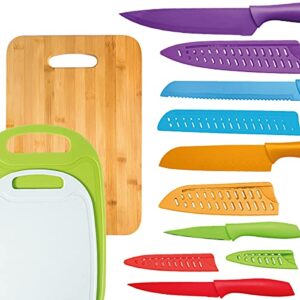 pak colored kitchen knives, colorful knife set, colored knife set, cutting boards, cutting board set, knife set with covers, cutting knives, knives set for kitchen, multi-color, sharp kitchen knives