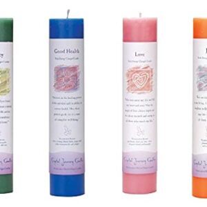 Crystal Journey Herbal Pillar Candle with Inspirational Labels - Bundle of 4 (Money, Good Health, Love, Joy) Each 7"x1.5" Handcrafted with Lead-Free Materials