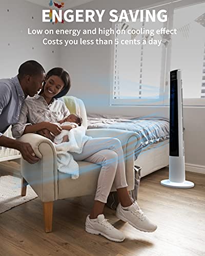 VEOHAUT Tower Fan for Bedroom- 48'' Oscillating Fan with Remote, Cooling, Quiet, Large LED Display, 12-Hour Timer, Electric White Standing Bladeless Fan for Whole House, Home, Office, Living Room