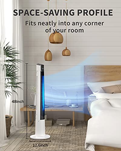 VEOHAUT Tower Fan for Bedroom- 48'' Oscillating Fan with Remote, Cooling, Quiet, Large LED Display, 12-Hour Timer, Electric White Standing Bladeless Fan for Whole House, Home, Office, Living Room