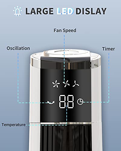 VEOHAUT Tower Fan for Bedroom- 48'' Oscillating Fan with Remote, Cooling, Quiet, Large LED Display, 12-Hour Timer, Electric White Standing Bladeless Fan for Whole House, Home, Office, Living Room