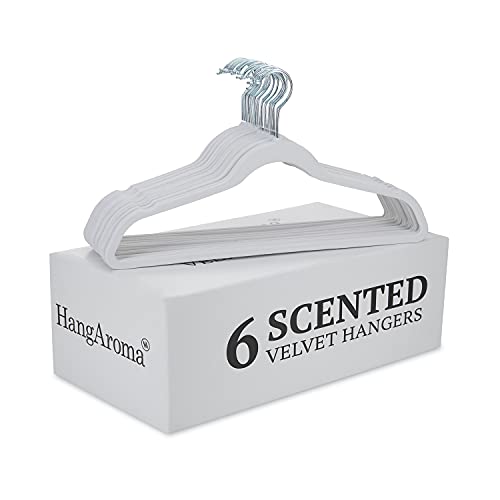 HangAroma Non-Slip Scented Velvet Hangers - Heavy Duty Clothes Hanger - Ultra Thin Space Saving 360 Degree Swivel Hook - Ideal for Coats, Jackets, Pants, & Dress - Fresh Powder - 6 Pack