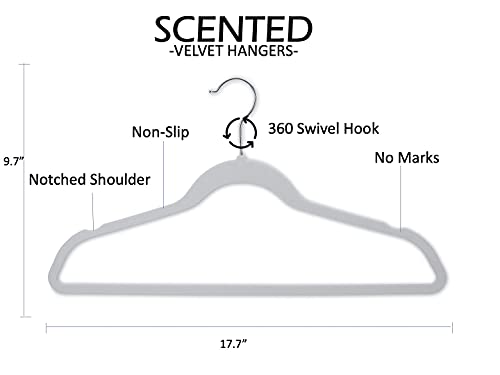 HangAroma Non-Slip Scented Velvet Hangers - Heavy Duty Clothes Hanger - Ultra Thin Space Saving 360 Degree Swivel Hook - Ideal for Coats, Jackets, Pants, & Dress - Fresh Powder - 6 Pack