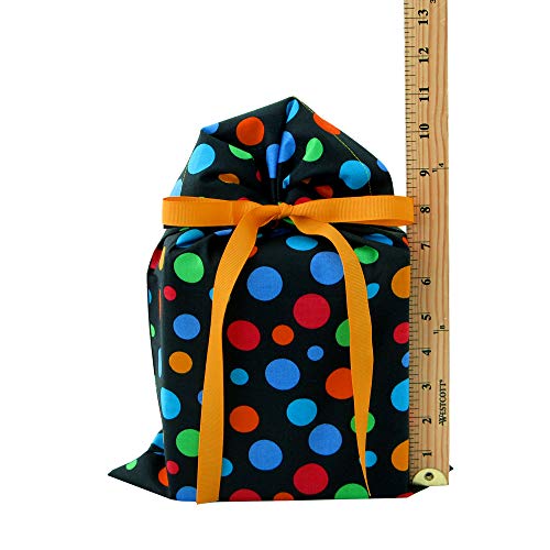 Black Reusable Fabric Gift Bag with Bright Polka Dots for Birthday or Any Occasion (Standard 10 Inches Wide by 15 Inches High)