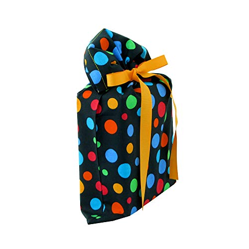 Black Reusable Fabric Gift Bag with Bright Polka Dots for Birthday or Any Occasion (Standard 10 Inches Wide by 15 Inches High)