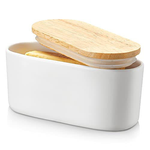 DOWAN Porcelain Butter Dish, Covered Butter Container with Wooden Lid for Countertop, Airtight Butter Keeper with Covers for East West Coast Butter, White