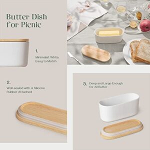 DOWAN Porcelain Butter Dish, Covered Butter Container with Wooden Lid for Countertop, Airtight Butter Keeper with Covers for East West Coast Butter, White