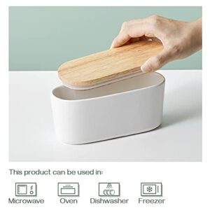 DOWAN Porcelain Butter Dish, Covered Butter Container with Wooden Lid for Countertop, Airtight Butter Keeper with Covers for East West Coast Butter, White