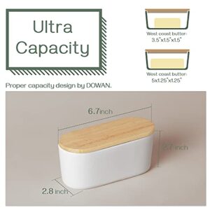 DOWAN Porcelain Butter Dish, Covered Butter Container with Wooden Lid for Countertop, Airtight Butter Keeper with Covers for East West Coast Butter, White