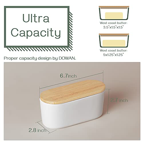 DOWAN Porcelain Butter Dish, Covered Butter Container with Wooden Lid for Countertop, Airtight Butter Keeper with Covers for East West Coast Butter, White