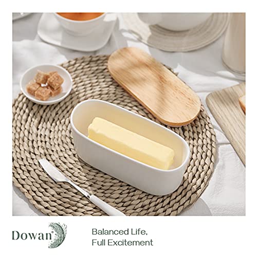 DOWAN Porcelain Butter Dish, Covered Butter Container with Wooden Lid for Countertop, Airtight Butter Keeper with Covers for East West Coast Butter, White