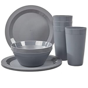 us acrylic newport plastic plate, bowl and tumbler dinnerware set for 4 in grey stone | 12-piece drinking and dining set | reusable, bpa-free, made in the usa, top-rack dishwasher safe