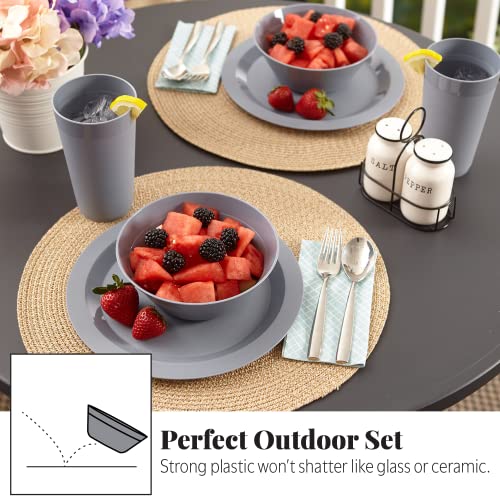 US Acrylic Newport Plastic Plate, Bowl and Tumbler Dinnerware Set for 4 in Grey Stone | 12-Piece Drinking and Dining Set | Reusable, BPA-free, Made in the USA, Top-rack Dishwasher Safe