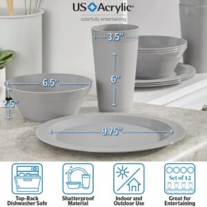 US Acrylic Newport Plastic Plate, Bowl and Tumbler Dinnerware Set for 4 in Grey Stone | 12-Piece Drinking and Dining Set | Reusable, BPA-free, Made in the USA, Top-rack Dishwasher Safe