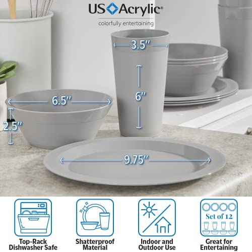 US Acrylic Newport Plastic Plate, Bowl and Tumbler Dinnerware Set for 4 in Grey Stone | 12-Piece Drinking and Dining Set | Reusable, BPA-free, Made in the USA, Top-rack Dishwasher Safe