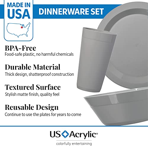 US Acrylic Newport Plastic Plate, Bowl and Tumbler Dinnerware Set for 4 in Grey Stone | 12-Piece Drinking and Dining Set | Reusable, BPA-free, Made in the USA, Top-rack Dishwasher Safe