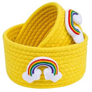 lixinju small basket for organizing small woven basket set of 2 rainbow small rope basket decorative mini storage bins round little for desk dog cat toy kids baby girls gifts, yellow