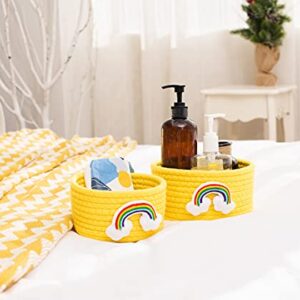 LixinJu Small Basket for Organizing Small Woven Basket Set of 2 Rainbow Small Rope Basket Decorative Mini Storage Bins Round Little for Desk Dog Cat Toy Kids Baby Girls Gifts, Yellow