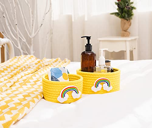 LixinJu Small Basket for Organizing Small Woven Basket Set of 2 Rainbow Small Rope Basket Decorative Mini Storage Bins Round Little for Desk Dog Cat Toy Kids Baby Girls Gifts, Yellow