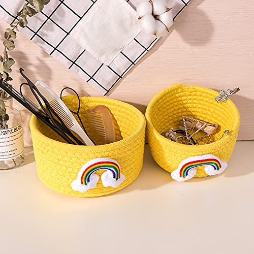 LixinJu Small Basket for Organizing Small Woven Basket Set of 2 Rainbow Small Rope Basket Decorative Mini Storage Bins Round Little for Desk Dog Cat Toy Kids Baby Girls Gifts, Yellow