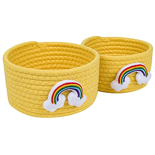 LixinJu Small Basket for Organizing Small Woven Basket Set of 2 Rainbow Small Rope Basket Decorative Mini Storage Bins Round Little for Desk Dog Cat Toy Kids Baby Girls Gifts, Yellow