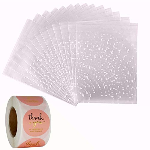 100PCS Self Adhesive Cookie Bags Treat Bags, Resealable Cellophane Bags, White Polka Dot Individual Cookie Bags with Thank You Stickers for Gift Giving