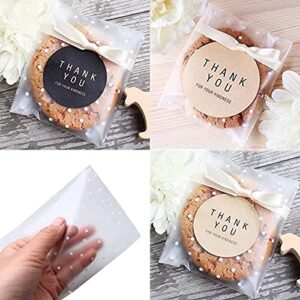 100PCS Self Adhesive Cookie Bags Treat Bags, Resealable Cellophane Bags, White Polka Dot Individual Cookie Bags with Thank You Stickers for Gift Giving