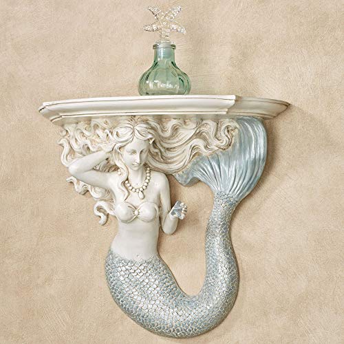 Touch of Class Adellia Mermaid Wall Shelf - Resin - White, Blue, Brown Wash - Flowing Hair Locks - Coastal Floating Beach Decor for Bedroom, Bathroom, En Suite, Kitchen