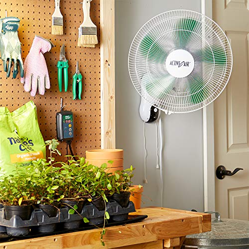 Active Air ACF16 16 inch 3-Speed Wall-Mountable 90-Degree Oscillating Hydroponic Grow Fan with Spring-Loaded Plastic Clip, White/Green