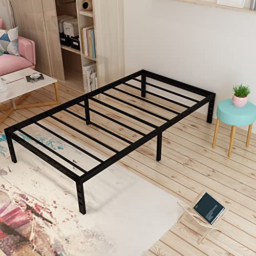 Twin Size Metal Bed Frame 14 inch High 3000lbs Heavy Duty Twin Platform No Box Spring Needed Easy to Assemble Noise Free-Twin Black