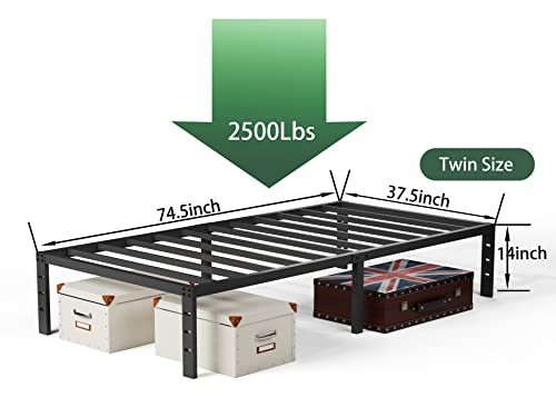 Twin Size Metal Bed Frame 14 inch High 3000lbs Heavy Duty Twin Platform No Box Spring Needed Easy to Assemble Noise Free-Twin Black