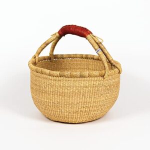 bolga zaare market basket, handmade in ghana by women artisans, natural, medium, 13"-15" diameter x 8"-9" h, red handle (1 basket)