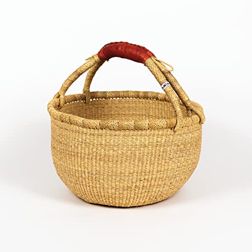 Bolga Zaare Market Basket, Handmade in Ghana by Women Artisans, Natural, Medium, 13"-15" Diameter x 8"-9" H, RED Handle (1 Basket)