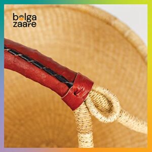 Bolga Zaare Market Basket, Handmade in Ghana by Women Artisans, Natural, Medium, 13"-15" Diameter x 8"-9" H, RED Handle (1 Basket)