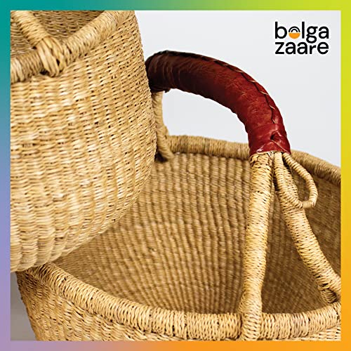 Bolga Zaare Market Basket, Handmade in Ghana by Women Artisans, Natural, Medium, 13"-15" Diameter x 8"-9" H, RED Handle (1 Basket)