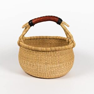 Bolga Zaare Market Basket, Handmade in Ghana by Women Artisans, Natural, Medium, 13"-15" Diameter x 8"-9" H, RED Handle (1 Basket)