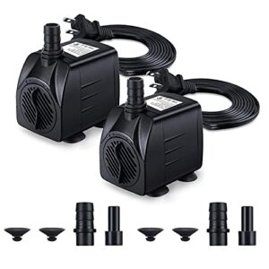 cwkj fountain pump, 2 packs 220gph(15w 900l/h) submersible water pump, durable outdoor fountain water pump with 7.2ft（2.2m） power cord, 3 nozzles for aquarium, pond, fish tank, water fountain pump