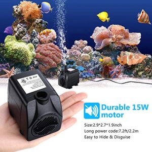 CWKJ Fountain Pump, 2 Packs 220GPH(15W 900L/H) Submersible Water Pump, Durable Outdoor Fountain Water Pump with 7.2ft（2.2m） Power Cord, 3 Nozzles for Aquarium, Pond, Fish Tank, Water Fountain Pump