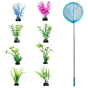 bkdmzzmy fish tank plants, small artificial aquarium plants with extendable fish net fake aquatic plants accessories fish tank decorations, realistic plastic aquarium plants safe for fish (8+1pcs)