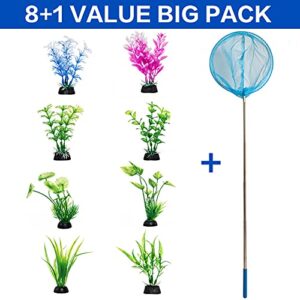 BKDMZZMY Fish Tank Plants, Small Artificial Aquarium Plants with Extendable Fish Net Fake Aquatic Plants Accessories Fish Tank Decorations, Realistic Plastic Aquarium Plants Safe for Fish (8+1PCS)