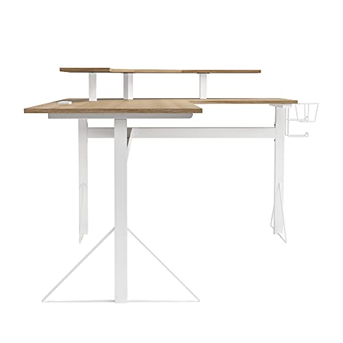 Jamesdar Computer Gaming L-Desk with Power, 35.8" H x 51.18" W x 37.8" L, White/Natural