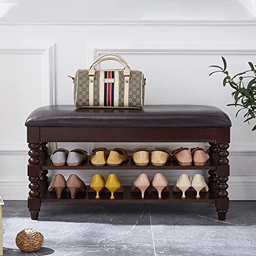 LKZ Shoe Storage Bench Wooden Shoe Rack with Leather Seat Shoe Benches for Bedroom, Living Room, Hallway, Entryway (39.4'')