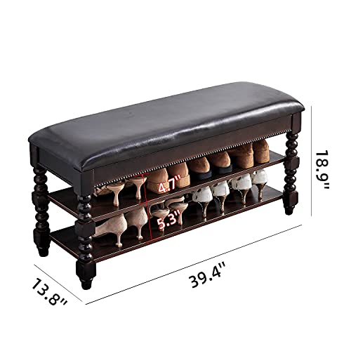 LKZ Shoe Storage Bench Wooden Shoe Rack with Leather Seat Shoe Benches for Bedroom, Living Room, Hallway, Entryway (39.4'')