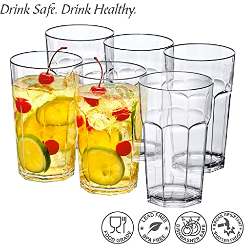 Amazing Abby - Affinity - 20-Ounce Plastic Tumblers (Set of 6), Plastic Drinking Glasses, All-Clear High-Balls, Reusable Plastic Cups, Stackable, BPA-Free, Shatter-Proof, Dishwasher-Safe