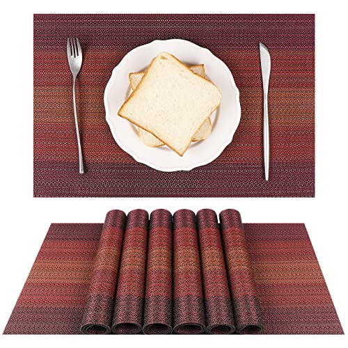 YeaBerr Placemats Set of 6, Mix Vinyl Woven Wipeable Heat-Resistant Place Mats, Stain Resistant Washable Table Mats for Dining Table Kitchen Indoor Decor, Dark Red