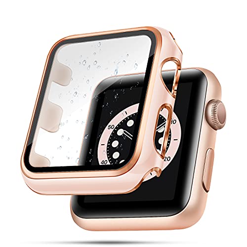 top4cus 40mm Case Compatible with Apple Watch, with Built-in Tempered Glass Screen Protector, PC Cover for iWatch Series 8/7/SE 6 5 4/3 2 for Choice (40mm, Pink + Rose Gold Edge)